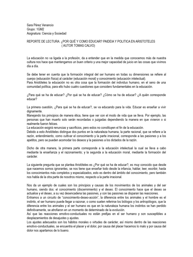 Reporte de Lectura ¿Por Que y Como Educar | PDF | Aristóteles | Moralidad