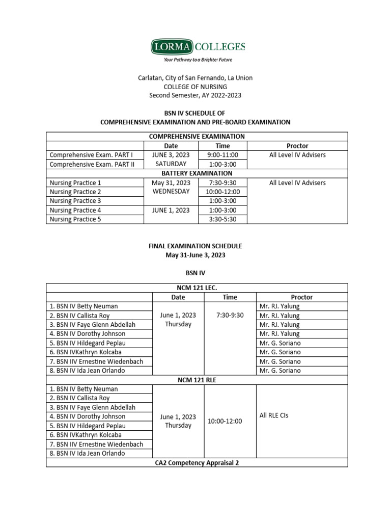 New Level Iv Schedule Compre Preboard and Final Examination | PDF ...