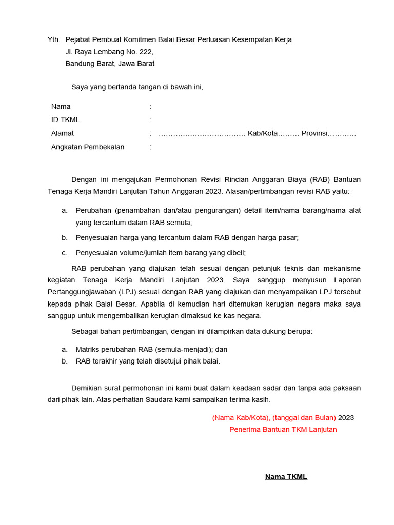 Template Surat Permohonan Perubahan RAB | PDF
