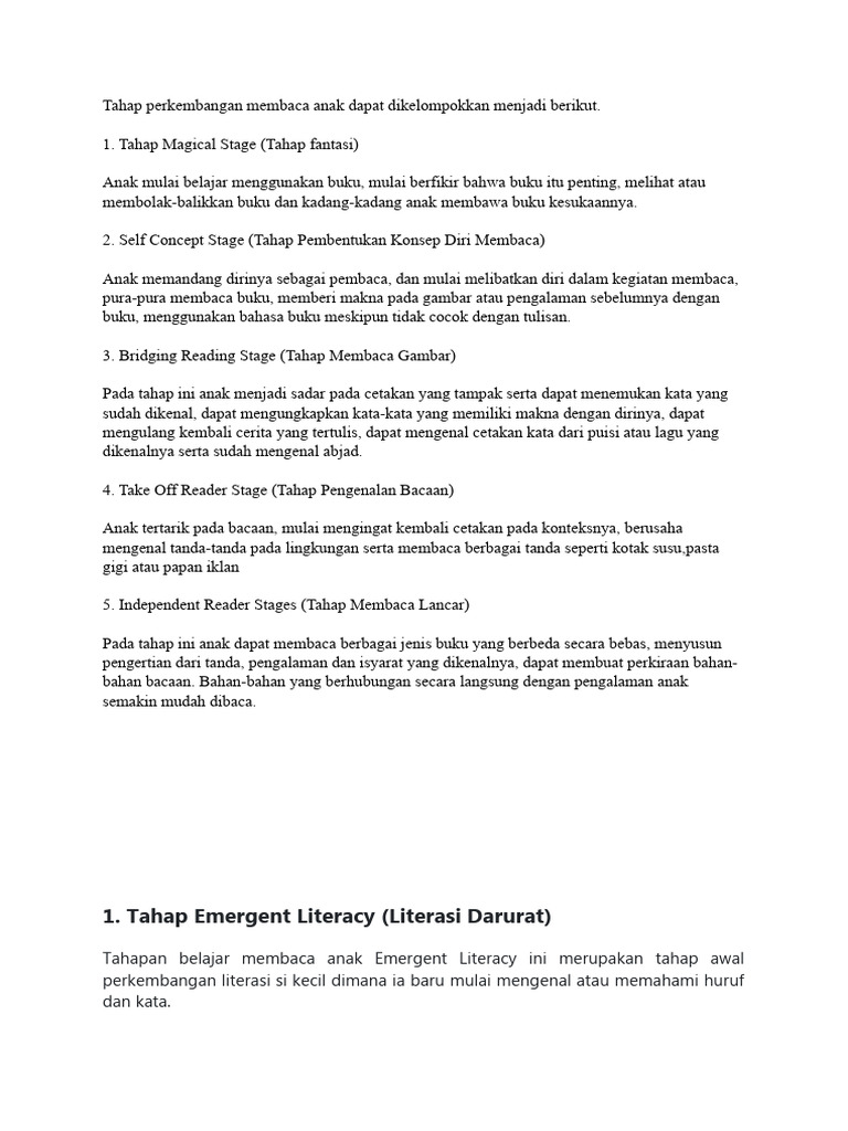 Tahap Perkembangan Membaca Anak Dapat Dikelompokkan Menjadi Berikut | PDF