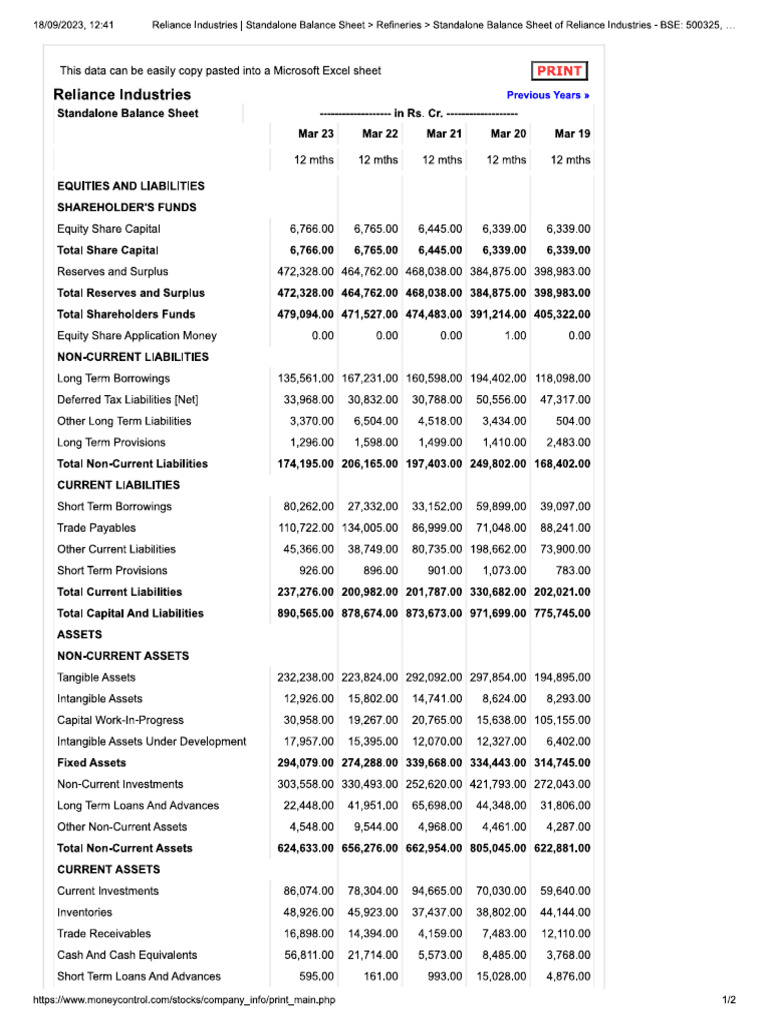 Reliance Industry Balance Sheet | PDF