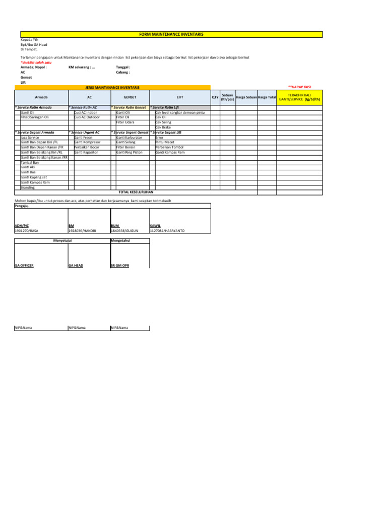 Form Permintaan, Maintenance Inventaris, Reklame, PBB, STNK, Kir | PDF