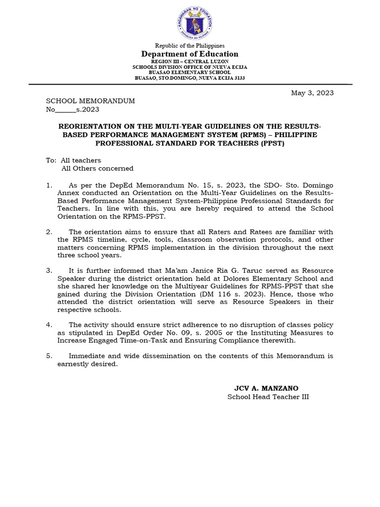 School Memo Rpms Reorientation | PDF