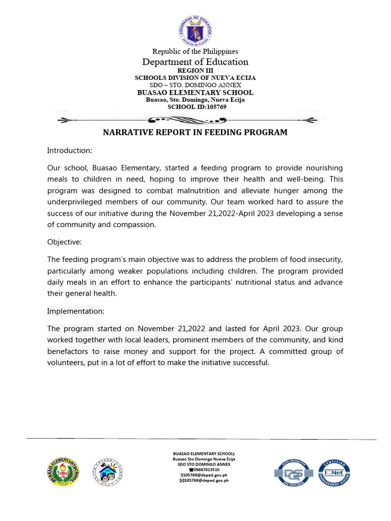 Buasao Heading New Feeding Narrative Report | PDF | Nutrition | Diet ...