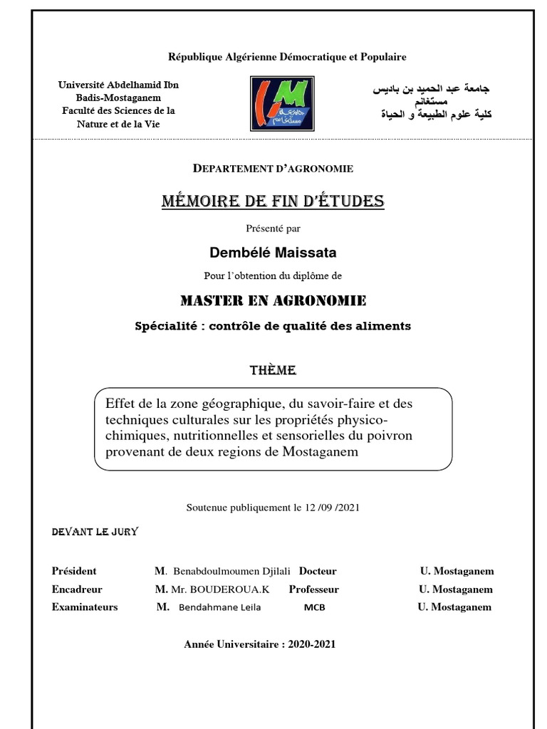 Mémoire de Fin D'études: Master en Agronomie | PDF | Quantité | Unité de mesure