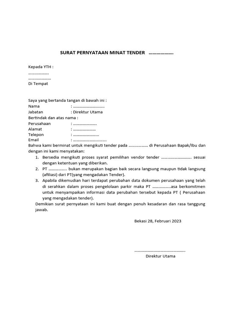 SURAT PERNYATAAN MINAT MENGIKUTI TENDER | PDF