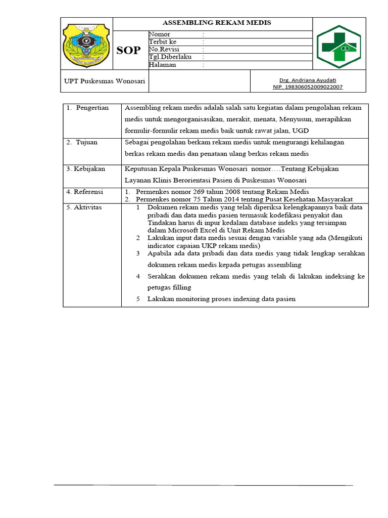 Sop Assembling Rekam Medis | PDF | Pengembangan Diri | Sains & Matematika