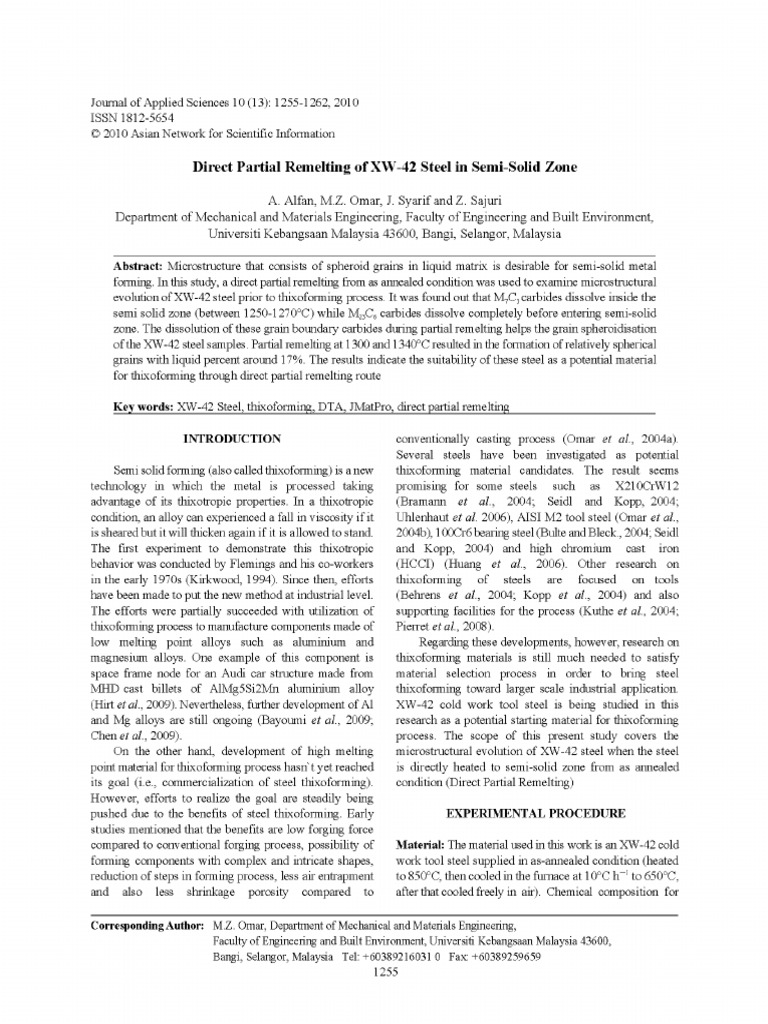 Direct Partial Remelting of XW - 42 Steel in Semi-Solid Zone | PDF | Industrial Processes ...