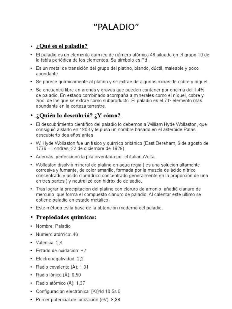 Paladio: Propiedades y Usos Industriales | PDF | Paladio | Platino