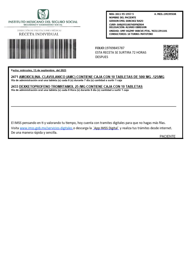 Receta IMSS: Amoxicilina y Dexketoprofeno | PDF