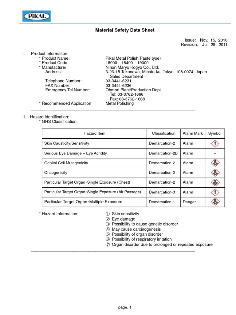 MSD Schemical Metal Polish Pikal | Download Free PDF | Toxicity | Safety