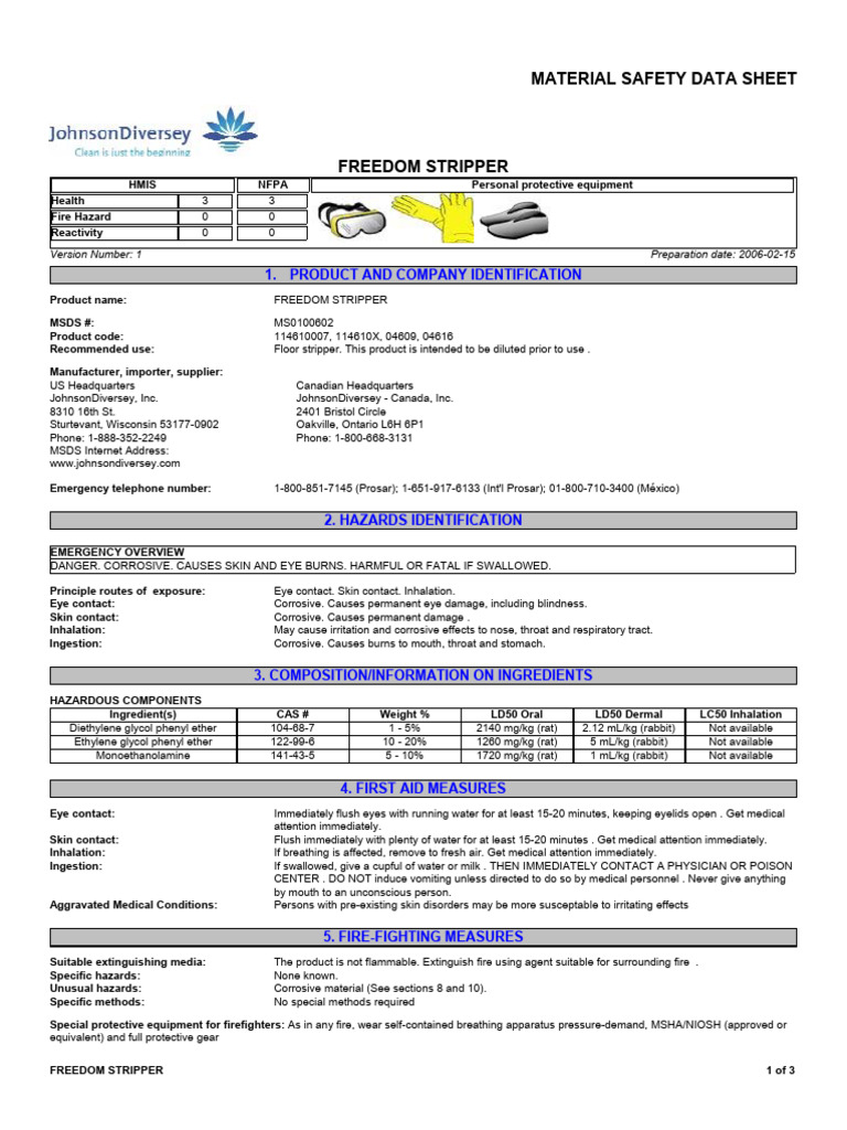 MSDS CHEMICAL Floor Stripper Freedom | PDF | Personal Protective ...