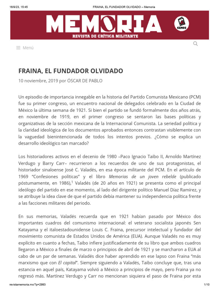 FRAINA, EL FUNDADOR OLVIDADO - Memoria | PDF | Vladimir Lenin | México