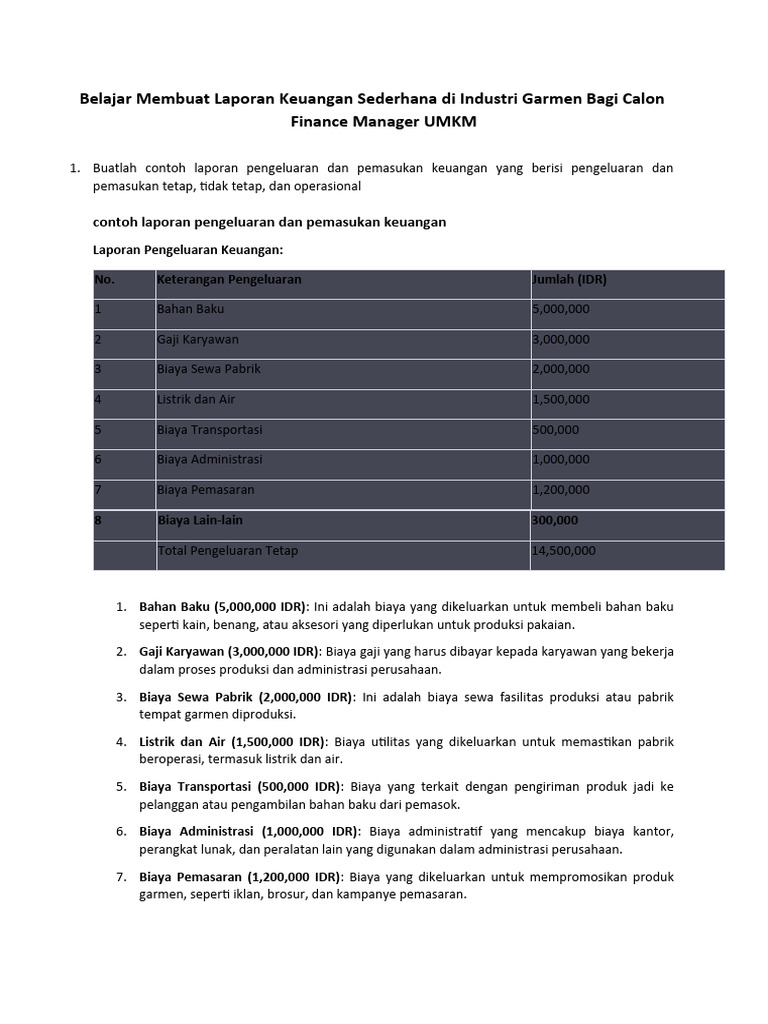 Belajar Membuat Laporan Keuangan Sederhana Di Industri Garmen Bagi Calon Finance Manager UMKM | PDF