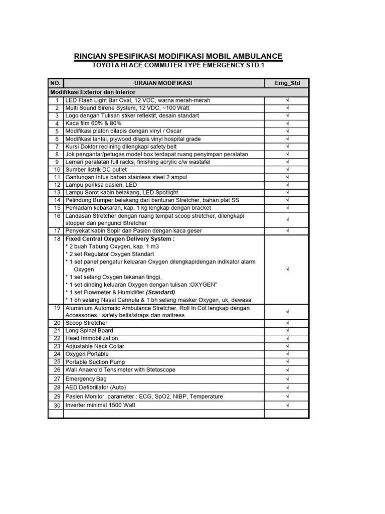 Rincian Spesifikasi Modifikasi Mobil Ambulance: Toyota Hi Ace Commuter Type Emergency STD 1 | PDF