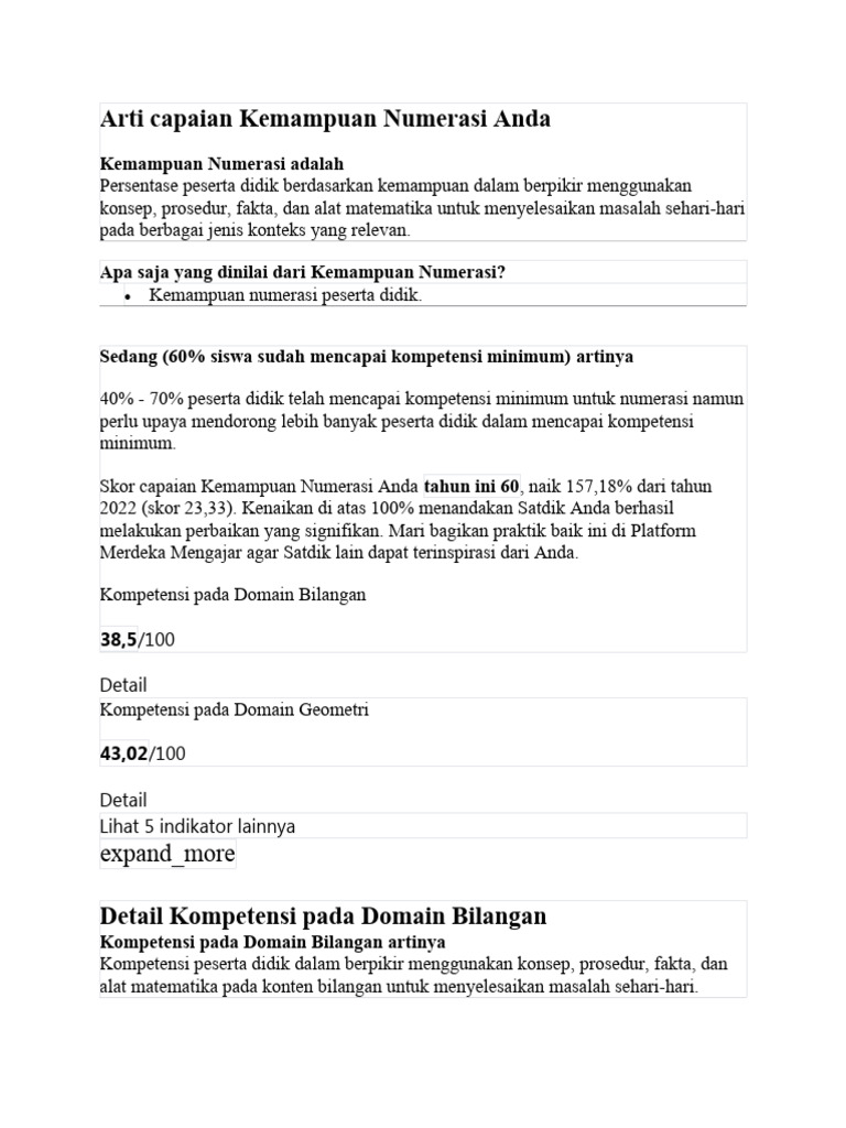 Arti Capaian Kemampuan Numerasi Anda - Raport Pendidikan Eksplor | PDF