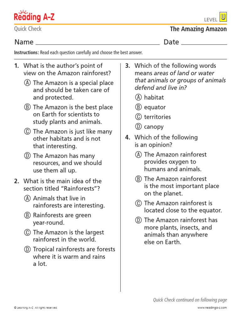 Amazon Rainforest Comprehension Quiz | PDF | Amazon Rainforest | Rainforest