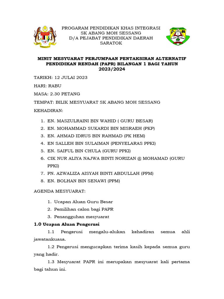 Minit Mesyuarat Papr Bil 1 | PDF