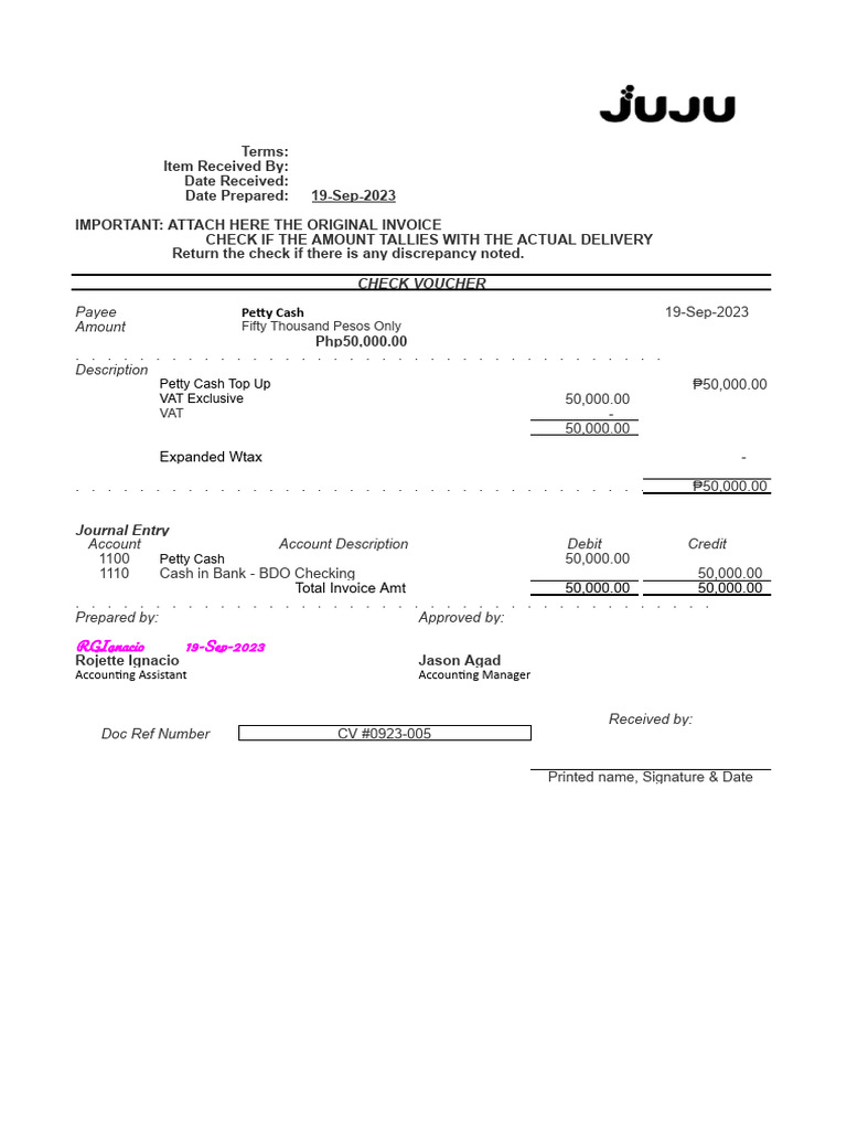 CV #0923-005 - Petty Cash Top Up - 50,000.00 | PDF | Cheque | Payments