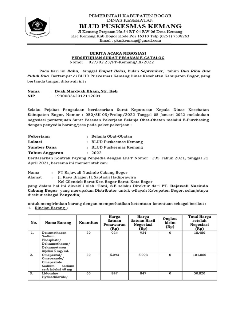 Negosiasi E-Catalog Obat Puskesmas Kemang | PDF