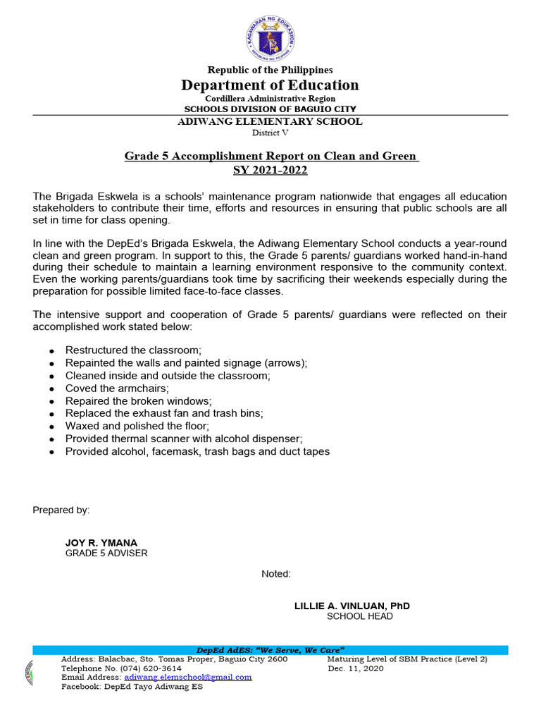 Grade 5 Clean and Green Accomplishments | PDF