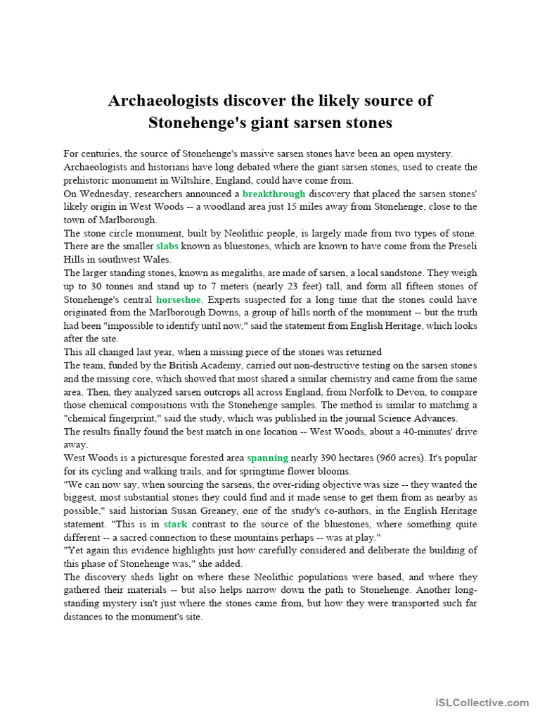 Archeologist Discover The Source of Stonehenge - Reading Comprehension ...