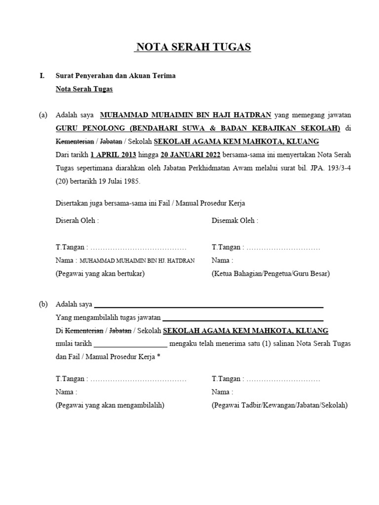Borang Nota Serah Tugas | PDF