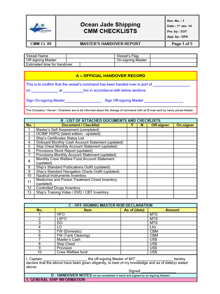 CMM CL 09 - Master's Handover Report | PDF | Shipping | Water Transport