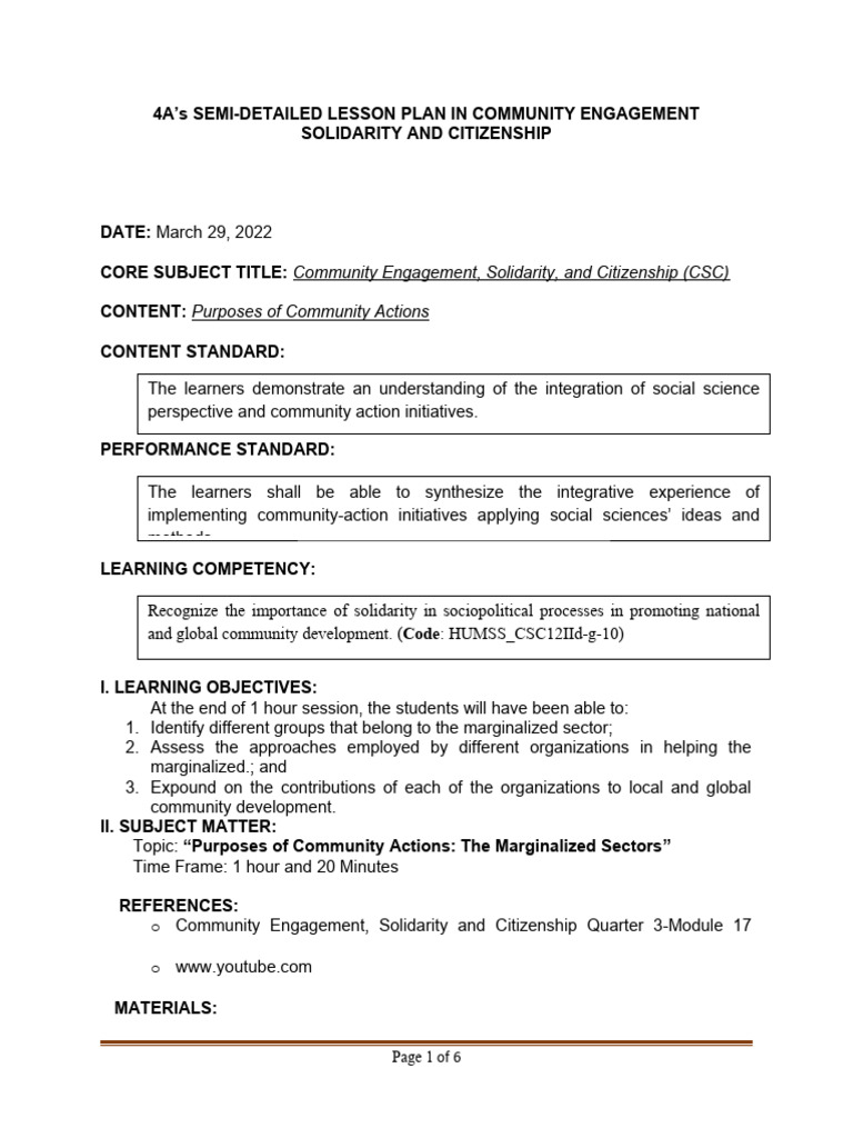 Lesson Plan: Community Engagement & Citizenship | PDF | Lesson Plan ...