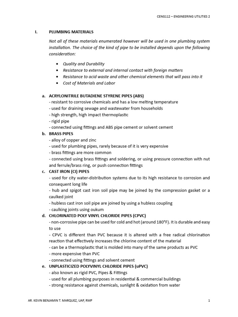 LECTURE 3 - Plumbing Materials and Fittings | PDF | Pipe (Fluid ...