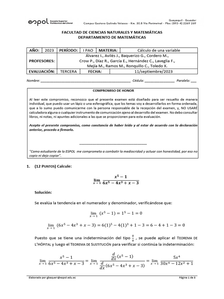 2023 I PAO CUV Ex3 Presencial Solución | PDF | Integral | Conceptos matemáticos
