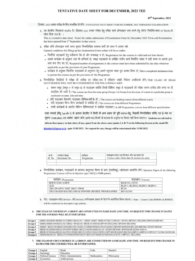 IGNOU Date Sheet Dec 2023 Updated On 5th September 2023 | PDF