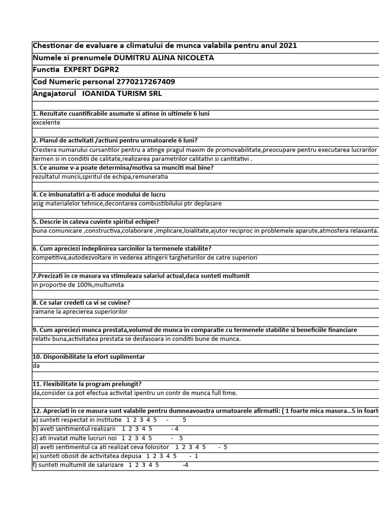Chestionar Evaluare Mediu de Lucru Eu | PDF