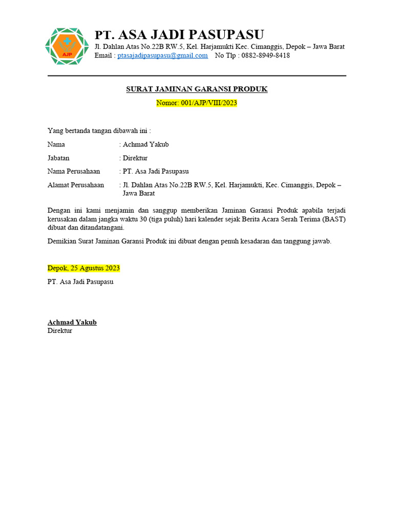 Surat Jaminan Garansi Produk | PDF