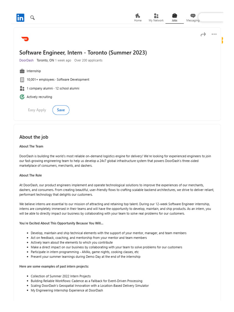 Doordash Software Engineer, Intern - Toronto (Summer 2023) - DoorDash - LinkedIn | PDF ...