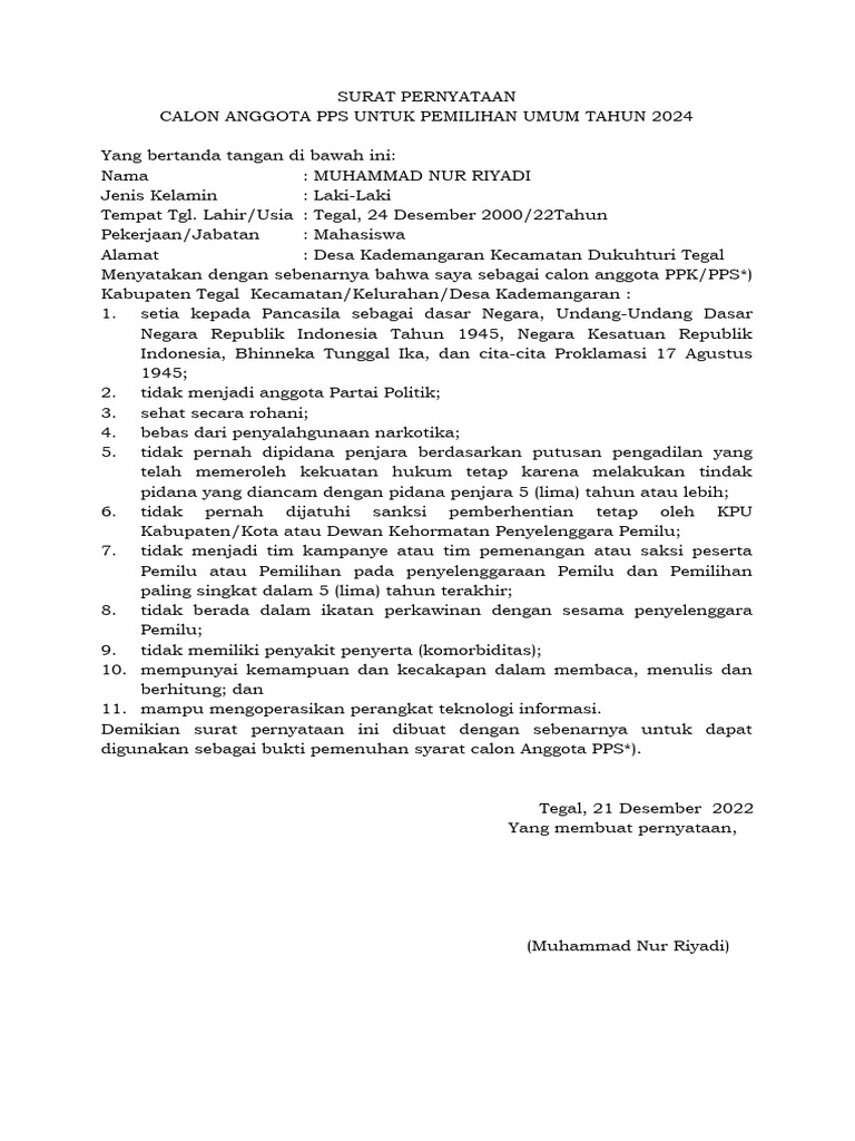 Contoh SURAT PERNYATAAN PPS | PDF