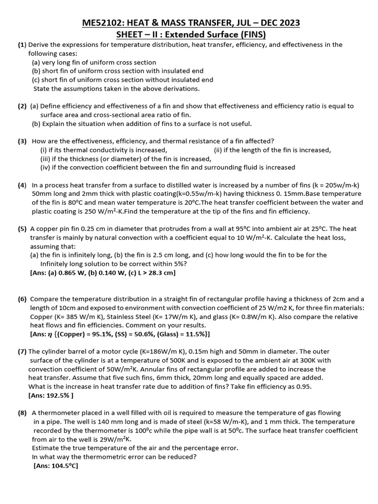 Me52102 - HMT Sheet - Ii - Fins | PDF | Heat Transfer | Heat