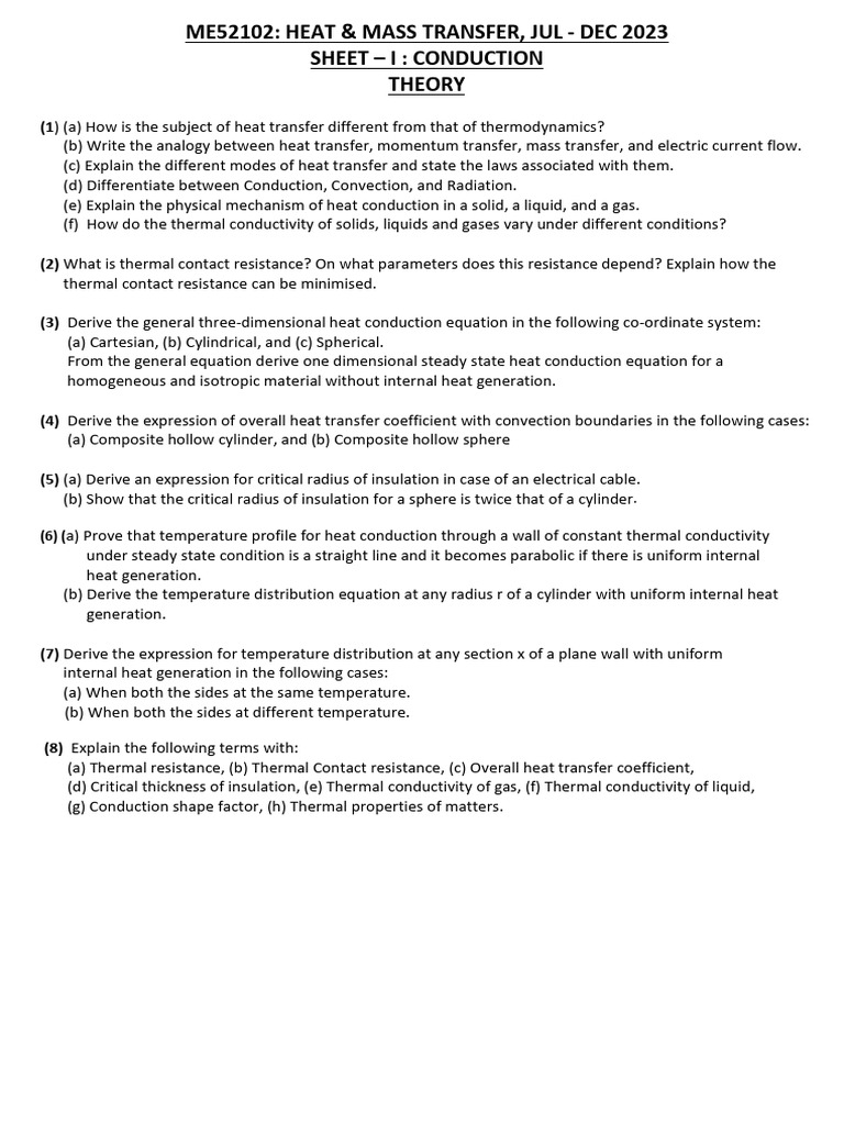 Me52102 - HMT Sheet - I Conduction Jul-Dec'23 | PDF | Thermal ...
