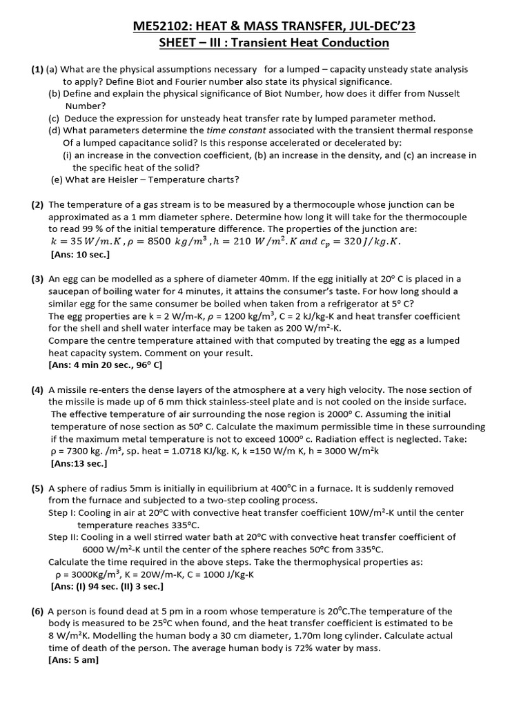 Me52102 - HMT Sheet-III Transient HT | PDF | Heat Transfer | Metrology