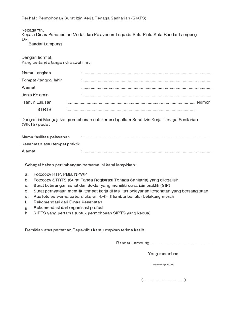 SP Surat Izin Kerja Tenaga Sanitarian Sikts | PDF