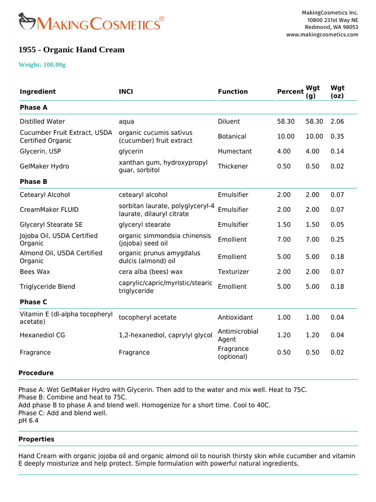 Formula 1955 Organic Hand Cream | PDF | Glycerol | Almond