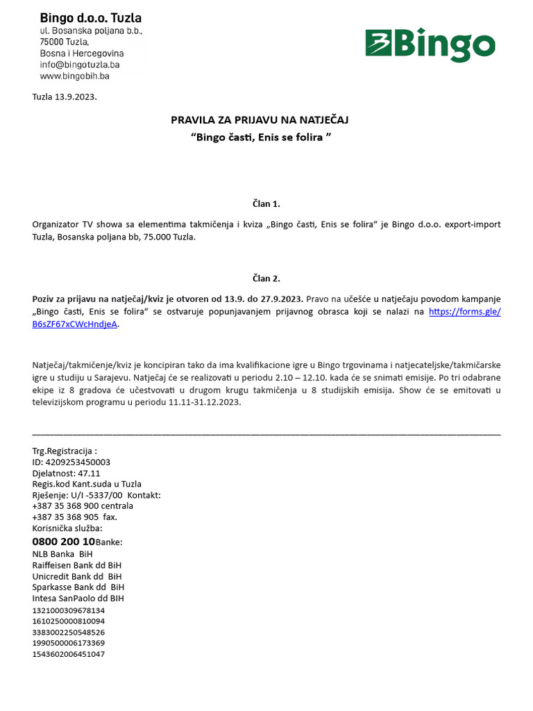 Pravila Natjecaja Bingo Casti Enis Se Folira | PDF