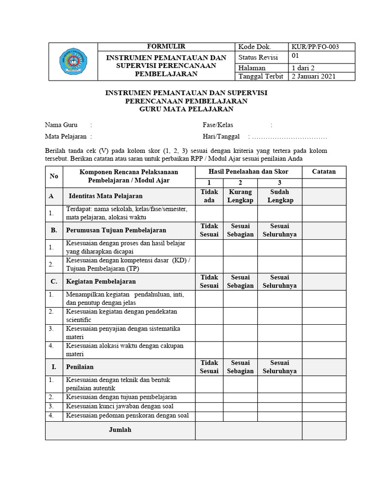 FO 3 - Instrumen Pemantauan Dan Supervisi Perencanaan Pembelajaran | PDF