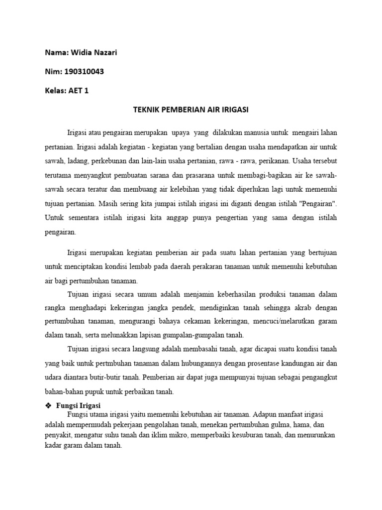 Widia Nazari - Irigasi Dan Drainase AET 1 | PDF