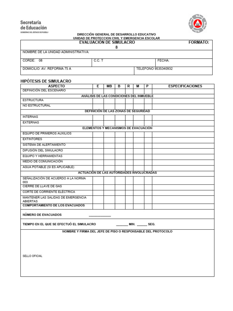 Formato 8 Evaluación Simulacro | PDF