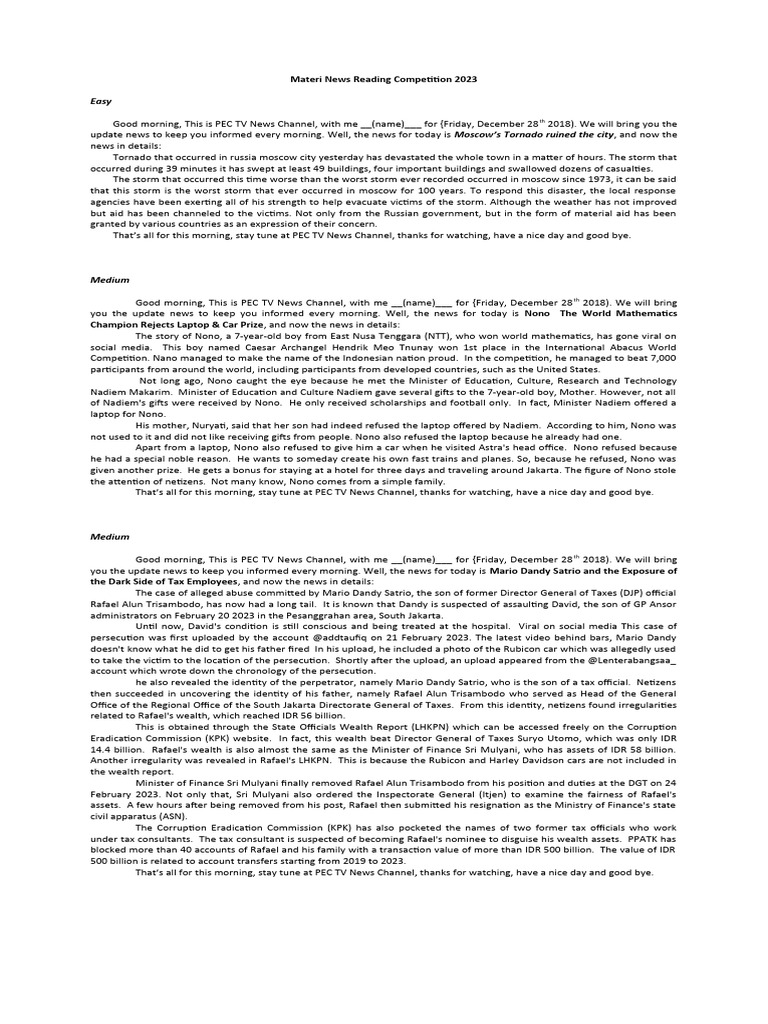 Materi News Reading Competition 2023 PEC | PDF | Bears