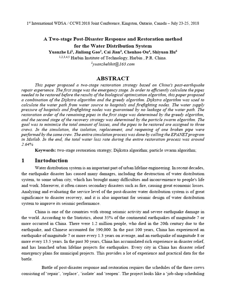 A Two Stage Post Disaster Response And Restoration Method For The Water