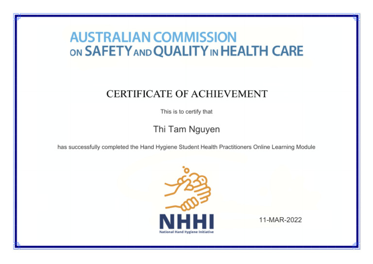 Hand Hygiene Certificate - Tam Nguyen | PDF