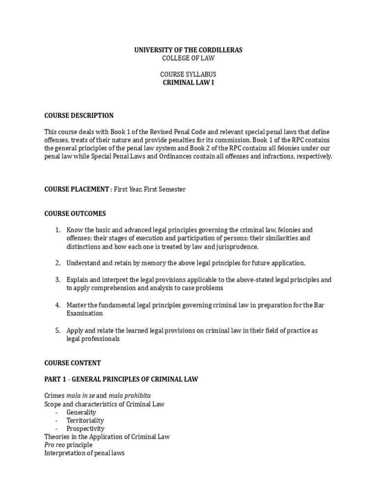 Criminal Law 1 - Course Outline | PDF | Criminal Law | Crimes