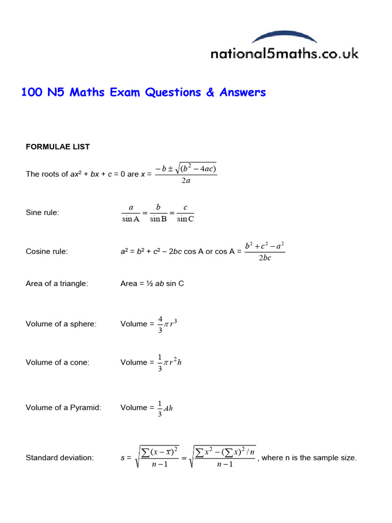 N5 Maths Formulae & Solutions | PDF | Euclid | Classical Geometry